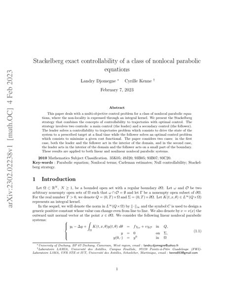 Pdf Stackelberg Exact Controllability Of A Class Of Nonlocal Parabolic Equations