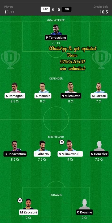 Laz Vs Fio Dream11 Team Fantasy Prediction Serie A