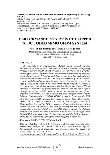 Performance Analysis Of Clipped Stbc Coded Mimo Ofdm System Pdf