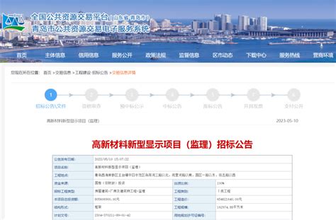 总投资8亿王台高新材料新型显示项目监理招标公告发布 工程 青岛 标段
