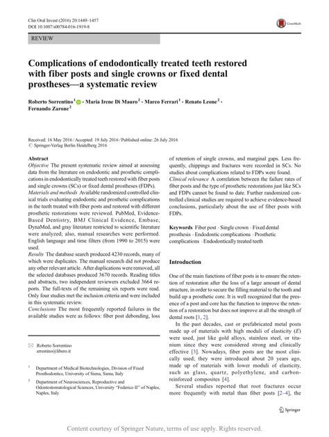 Complications Of Endodontically Treated Teeth Restored With Fiber Posts And Single Crowns Or