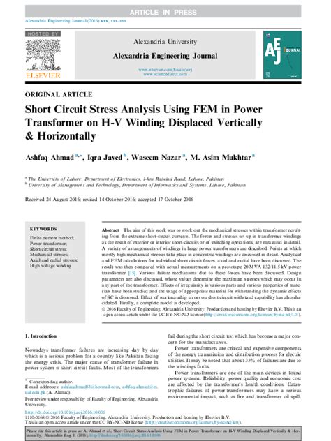 Pdf Short Circuit Stress Analysis Using Fem In Power Transformer On H V Winding Displaced