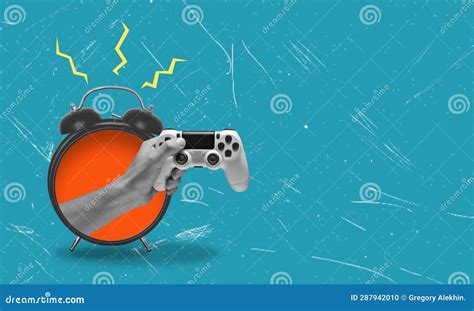 Art Collage Hands With A Gaming Joystick Emerging From An Alarm Clock