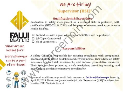 Fauji Meat Limited Fml Jobs Supervisor Hse