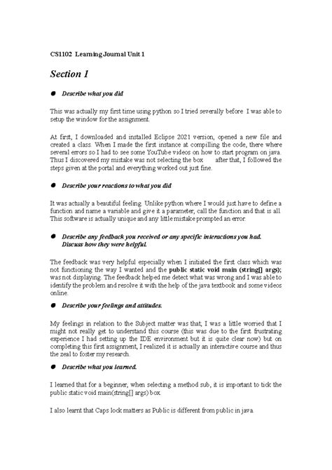 Cs1102 Learning Journal Unit 1 Complete Cs1102 Learning Journal Unit