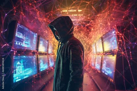 Hacker Inside A Fragmented Digital Room Software Cyber Coder In Hidden