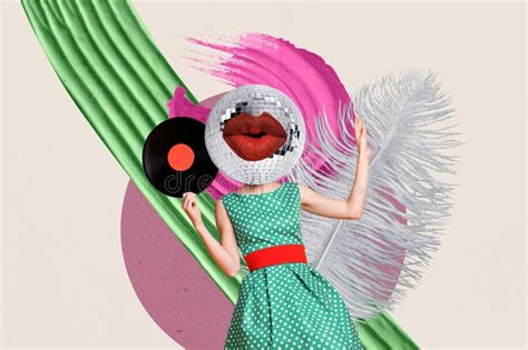 Collage Artwork Graphics Picture Of Funky Lady Disco Ball Instead Head
