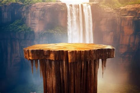 Premium Ai Image Wooden Podium Tabletop Blurs The Majestic Waterfalls