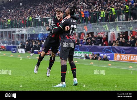Brahim Diaz Of AC Milan Celebrates After Scoring A Goal With Rafael Leao Of AC Milan During UEFA