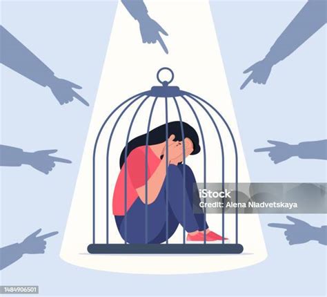 새장에 갇힌 불행한 여성 캐릭터 슬픈 소녀를 가리키는 손가락 사회에서 왕따와 폭력의 개념 피해자 여성 벡터 그림입니다 가리키기에 대한 스톡 벡터 아트 및 기타 이미지