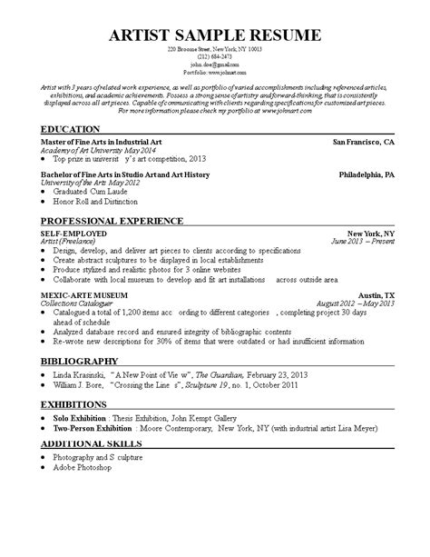 Art Resume Template Free