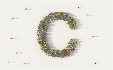 편지 C를 형성하는 사람들의 큰 그룹 소셜 미디어와 흰색 배경에 지역 사회 개념에 자본 영어 알파벳 문자 문자 위에서 군중