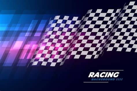 Free Vector Checkered Racing Flag With Blue Lights Particles Background