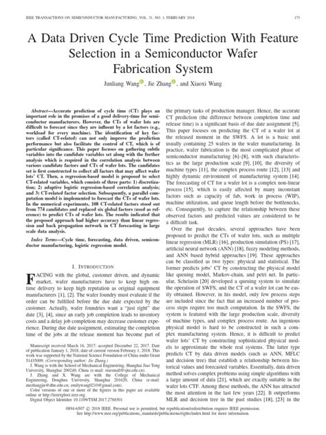 1 1 Ml A Data Driven Cycle Time Prediction With Feature Selection In A Semiconductor Wafer