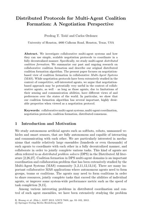 Pdf Distributed Protocols For Multi Agent Coalition Formation A