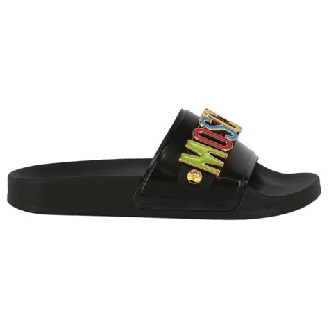 Moschino Multi Color Logo Pool Slides Black Ref 651130 Joli Closet