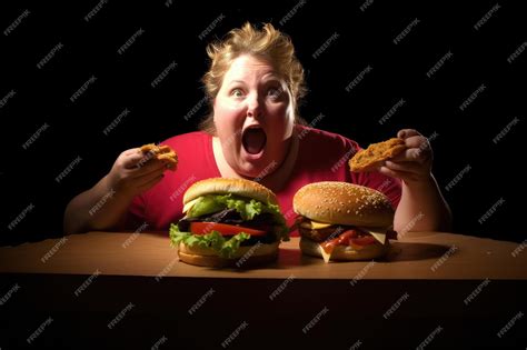 Premium Ai Image A Big Hamburger And An Overweight Woman Awareness Of