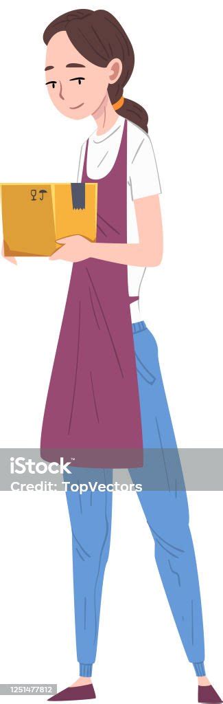 앞치마에 여자 골판지 상자를 들고 창고 만화 벡터 일러스트에서 소포와 함께 일하는 젊은 여자 나름에 대한 스톡 벡터 아트 및