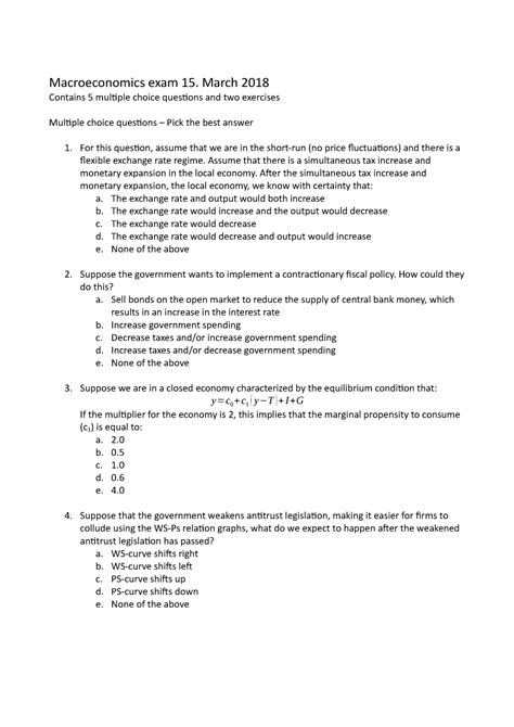 Macroeconomics Exam March Macroeconomics Exam March Contains Muliple Choice