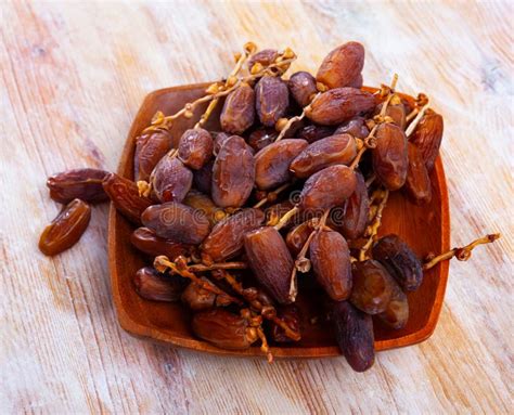 Tasty Dried Date On Wooden Table Close Up Mediterranean Fruit Stock