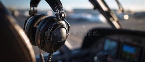 Professional Aviation Headset Inside Airplane Cockpit Ready For Flight