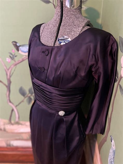 1960s Navy Satin Wiggle Cocktail Dress Gem