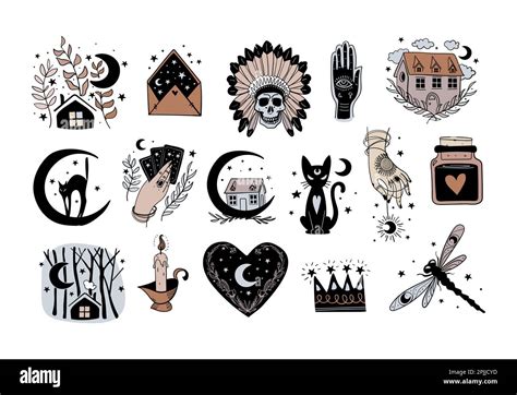 Set Of Modern Hand Drawn Mystical Witch Logos Halloween Stickers
