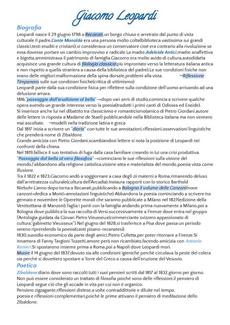 Giacomo Leopardi Poeta Romantico Italiano Appunti Di Italiano Docsity