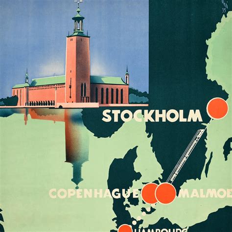 Original Vintage Travel Poster Air France Stockholm Paris Art Deco