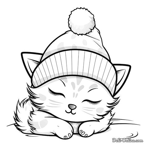 Раскраска Спящий котёнок в шапочке распечатать или скачать