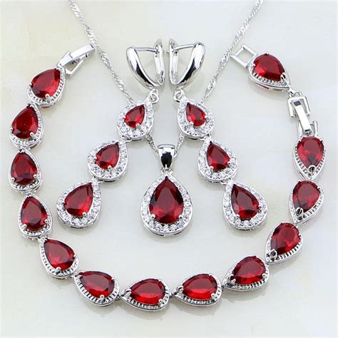Water Drop Red Zirconia White Cz 925 Sterling Silver Jewelry Sets For