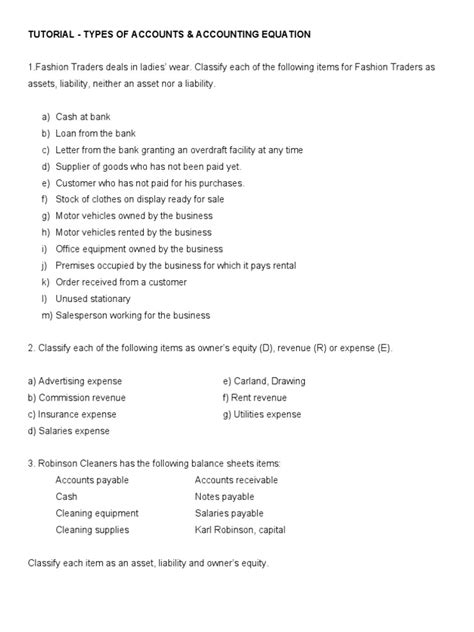 Tuto 1 Types Of Acc And Actg Equation Pdf Equity Finance Expense