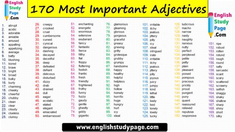 170 Most Important Adjectives List In English English Study Page