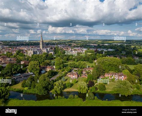 Aerial Approach View Of Salisbury Cathedral Wiltshire England Stock