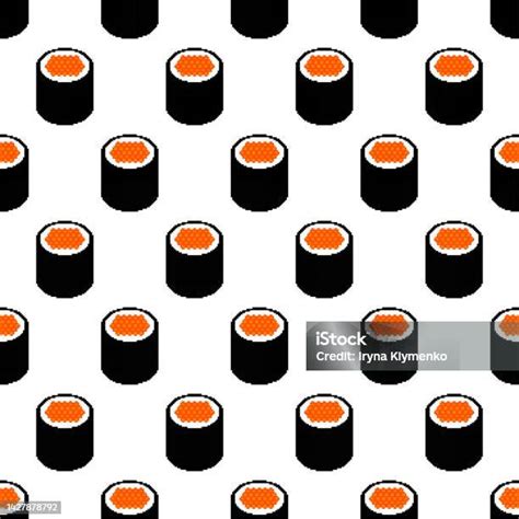 픽셀 초밥 이음새가 없는 패턴 캐비아가있는 8 비트 초밥 롤 픽셀 아트 일본 전통 음식 일본 요리 직물 벽지 포장지 포장을위한 동양 디자인 벡터 일러스트 레이 션 0명에