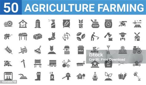 50개의 농업 농업 웹 아이콘 세트입니다 급수 건초 스마트 농장 수확기 곡물 손수레 집 우유 항아리와 같은 채워진 글리프 아이콘 벡터 그림 여물통에 대한 스톡 벡터 아트 및