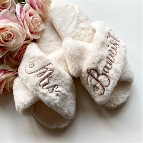 Personalised Slippers Glitter Fluffy Sliders Diamante Cross Over Girls Ts For Her Bride