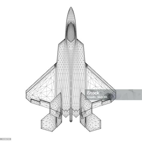 전투 전투기 와이어 프레임은 흰색 배경에 고립 된 검은 선에서 나온 것입니다 위에서보기 3d 벡터 일러스트레이션 와이어 프레임