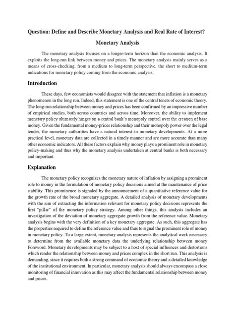 Question Define And Describe Monetary Analysis And Real Rate Of