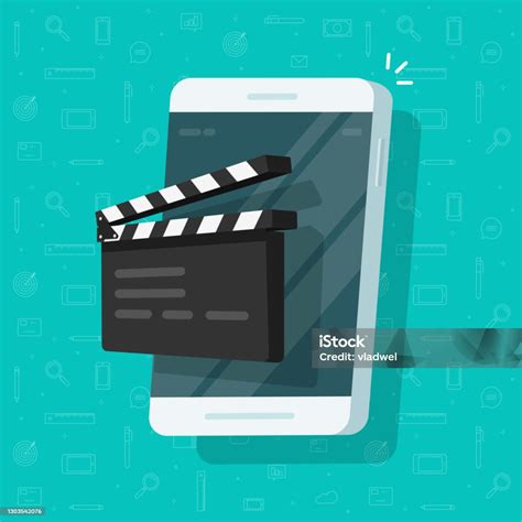 휴대 전화 아이콘 평면 만화를 통해 영화 또는 영화 제작 휴대 전화를 통해 비디오 또는 멀티미디어 콘텐츠 아이디어를 생성 화면에 클래퍼 보드 클래커 슬레이트와 스마트 폰 3