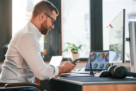 Man In Formal Clothes Is Working In The Modern Office Using Computer Stock Image Image Of