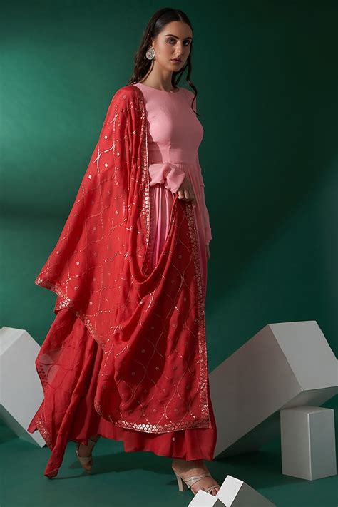 Blush Pink And Bright Red Embroidered Anarkali Set By Suruchi Parakh At
