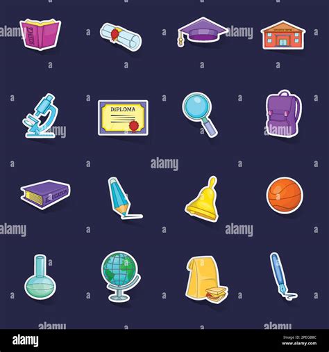 Education Icons Set Stikers Collection Vector With Shadow On Purple Background Stock Vector