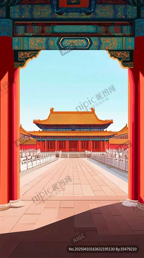 Ai创作图故宫 红门 古建筑 宫殿 屋檐 琉璃瓦 汉白玉 廊柱 庭院 中式 传统 建筑风格 蓝天 皇家 景观 昵图网