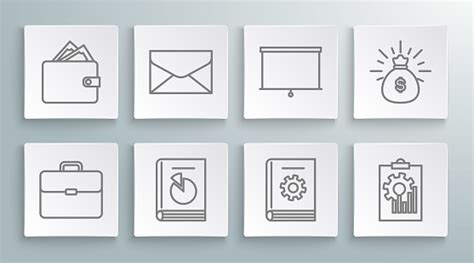 Set Line Briefcase Envelope User Manual Clipboard With Graph Chart Chalkboard Money Bag And