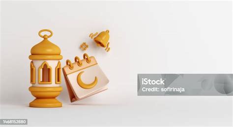 랜턴 초승달 달력 종 라마단 카림 마울리드 이프타르 이스라 미라지 이드 알 피트르 아다 무하람 만화 스타일 복사 공간 3d 그림이 있는 이슬람 장식 배경 3차원 형태에 대한