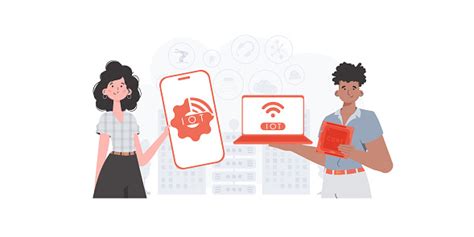 Iot 및 자동화 개념 소녀와 남자는 Iot 분야의 팀입니다 프리젠 테이션 및 웹 사이트에 좋습니다 트렌디 한 평면 스타일의
