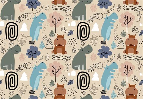 Hand Drawn Seamless Pattern With Cute Hippos 7423876 Vector Art At Vecteezy