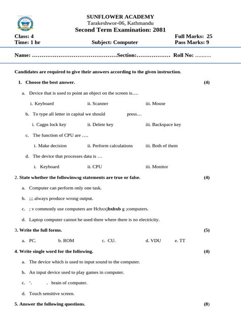 Class 4 Computer Exam Paper 2081 Pdf