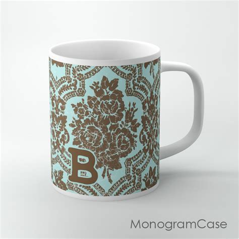 Vintage Aquamarine Brown Damask Coffee Mug Monogramcase